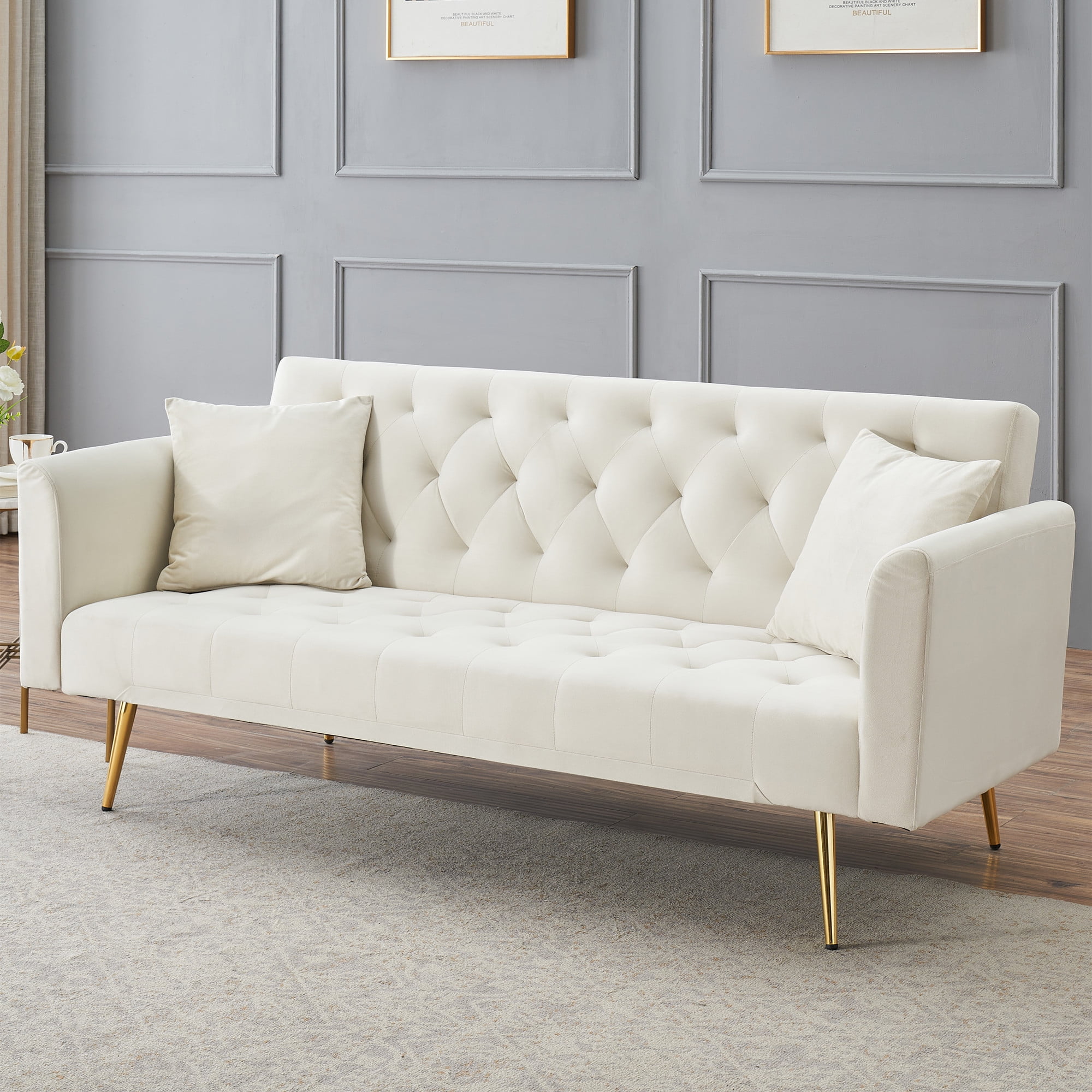 Aukfa Velvet Futon Convertible Sofa Bed, Upholstered Arm Couch for Home ...