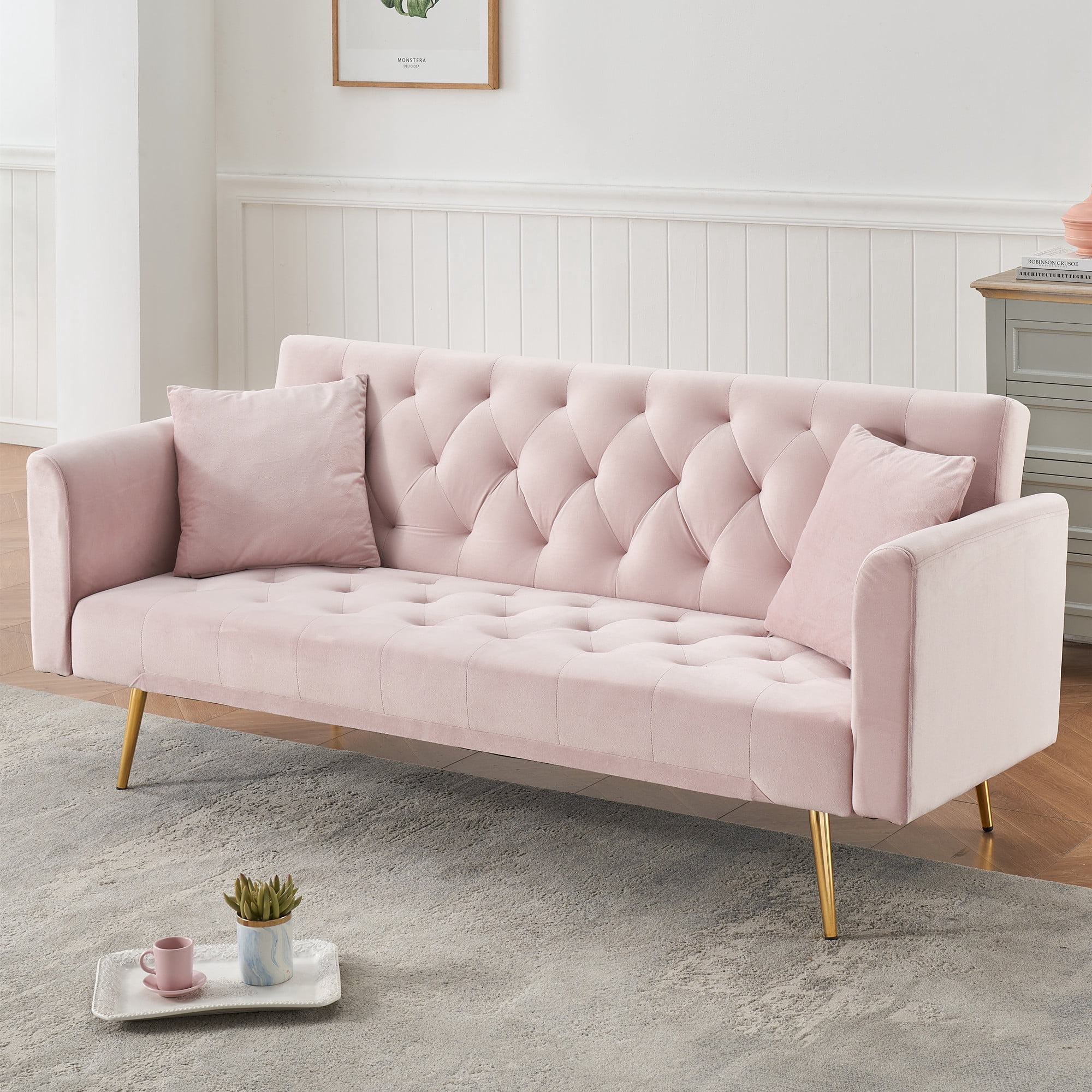 Aukfa Velvet Futon Convertible Sofa Bed, Upholstered Arm Couch for Home ...