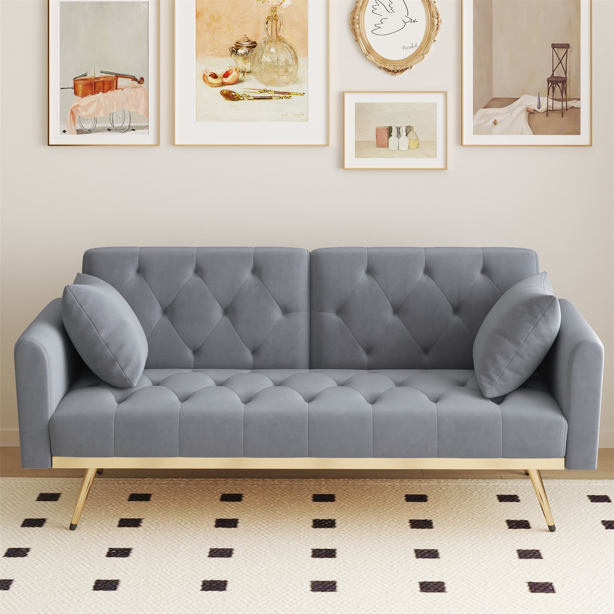 Aukfa Velvet Futon Convertible Sofa Bed for Home Office, 2 Pillows ...