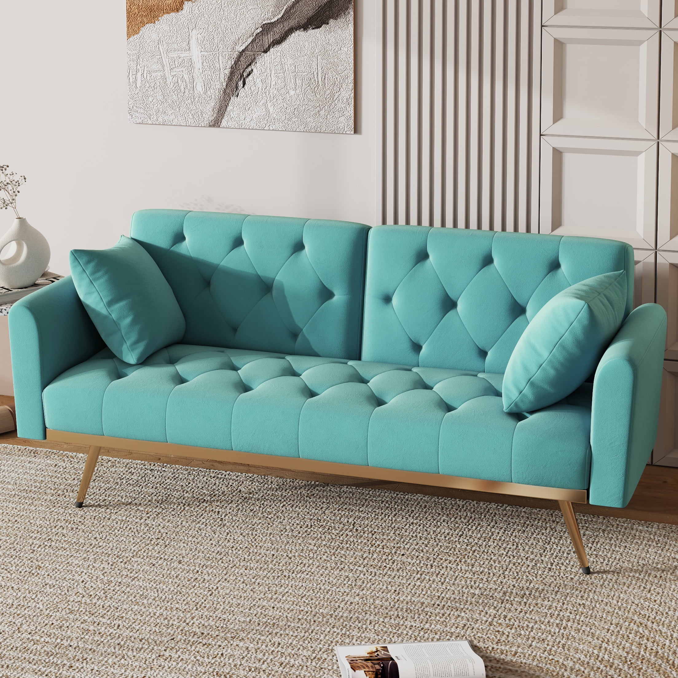 Aukfa Velvet Futon Convertible Sofa Bed for Home Office, 2 Pillows ...