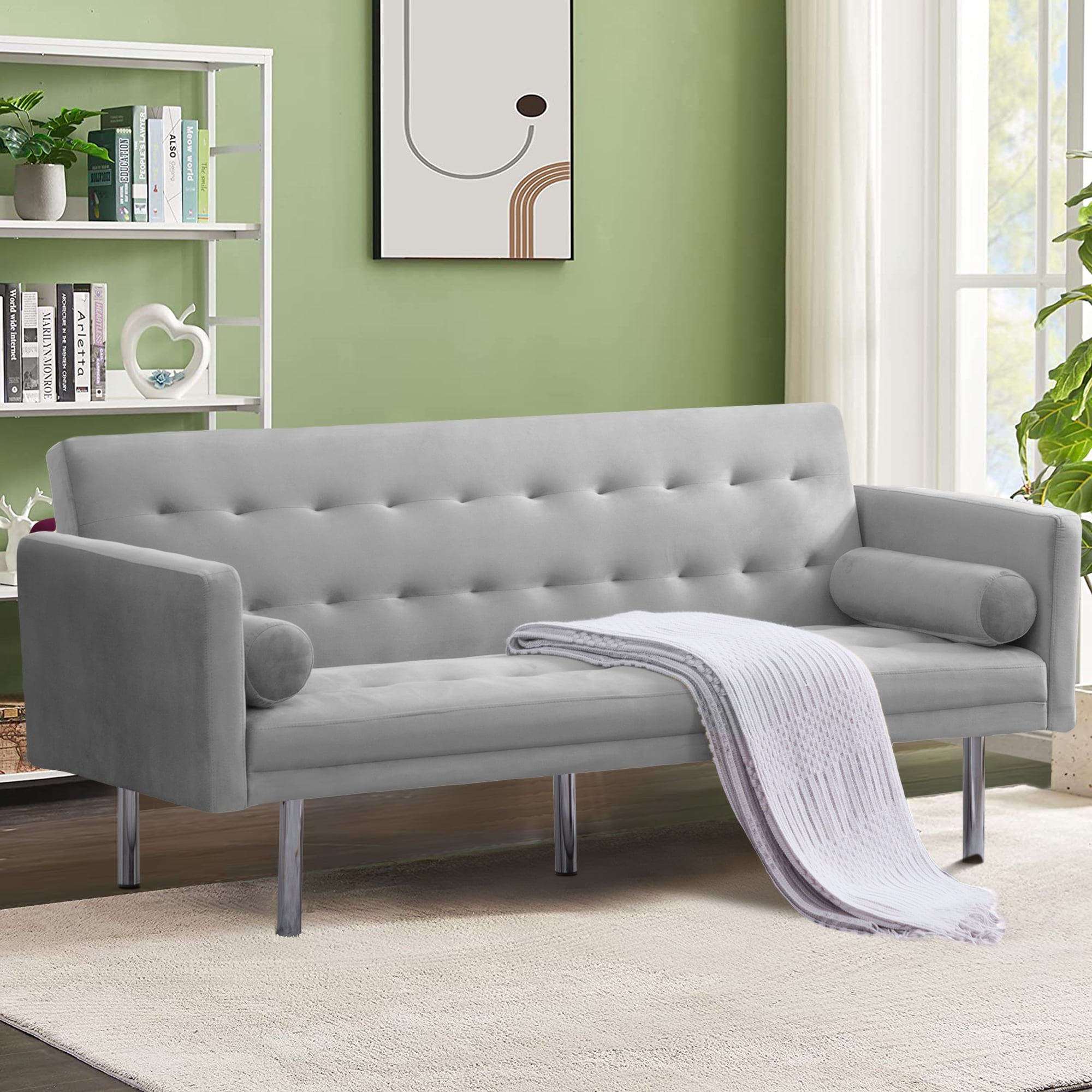 Aukfa Velvet Square Arm Futon Convertible Sofa for Home Office, Tufted ...