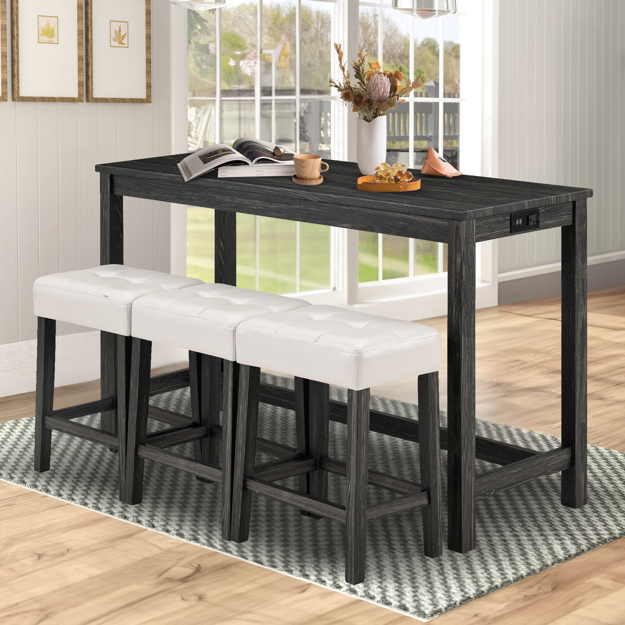 Aukfa Wood Kitchen Table Set,Dining Table Set of 4 with 3 Stools and ...