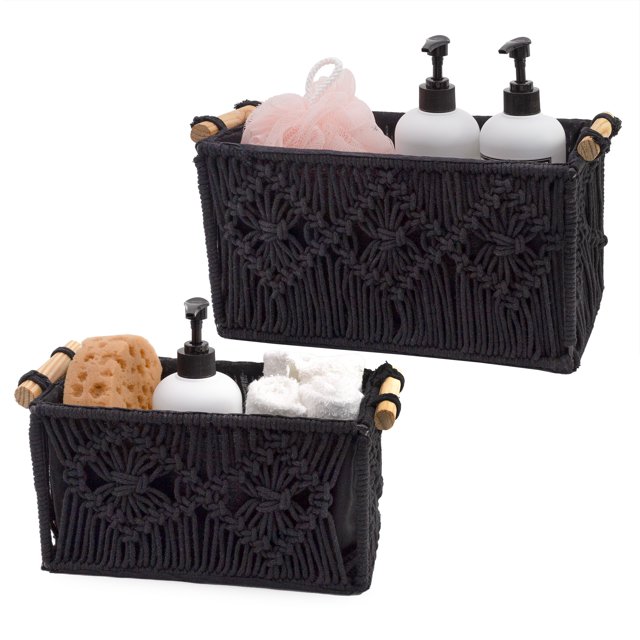AuldHome Design Boho Farmhouse Macrame Baskets (Set of 2, Black ...