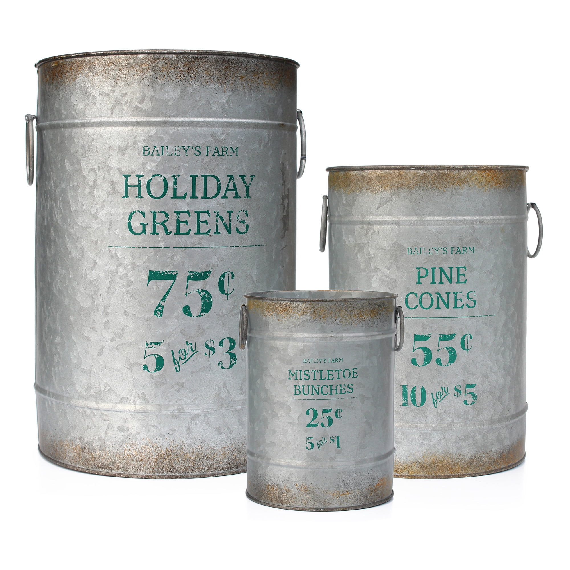 AuldHome Design Christmas Galvanized Greenery Buckets (Set of 3), Large ...