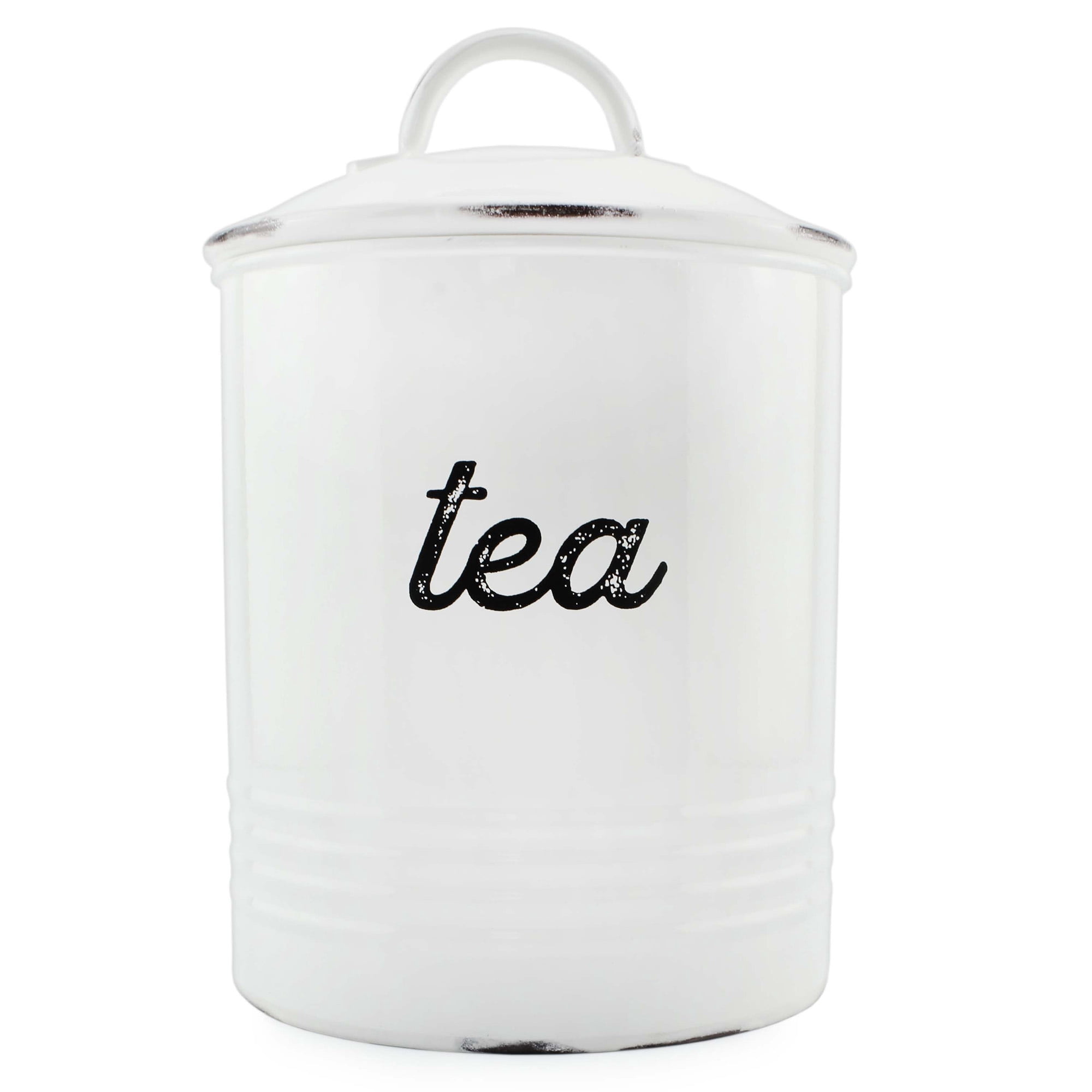 AuldHome Design Enamelware White Tea Canister; Rustic Distressed Style ...