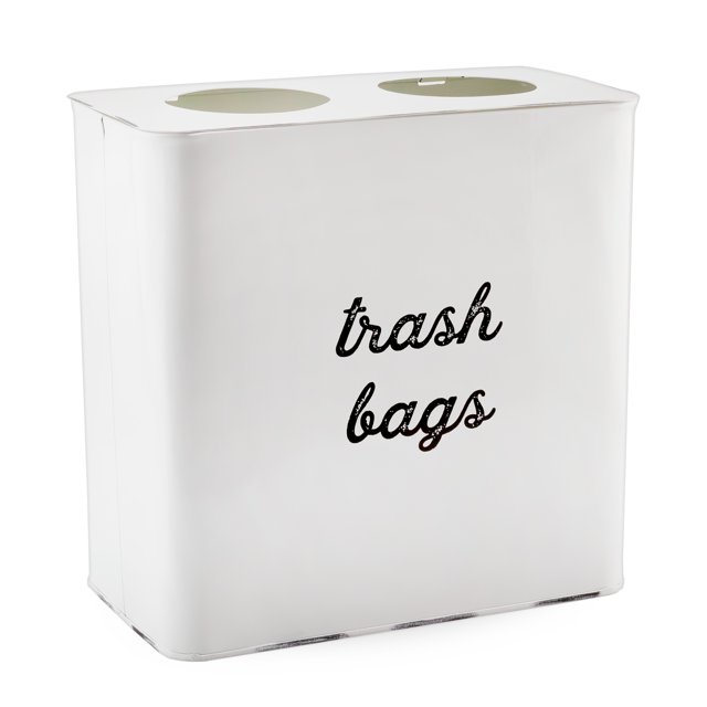 AuldHome Design Farmhouse Trash Bag Holder (White); Rustic Enamelware ...