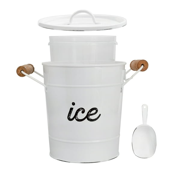Rustic Enamelware Ice Bucket; White Farmhouse Style Insulated Ice ...