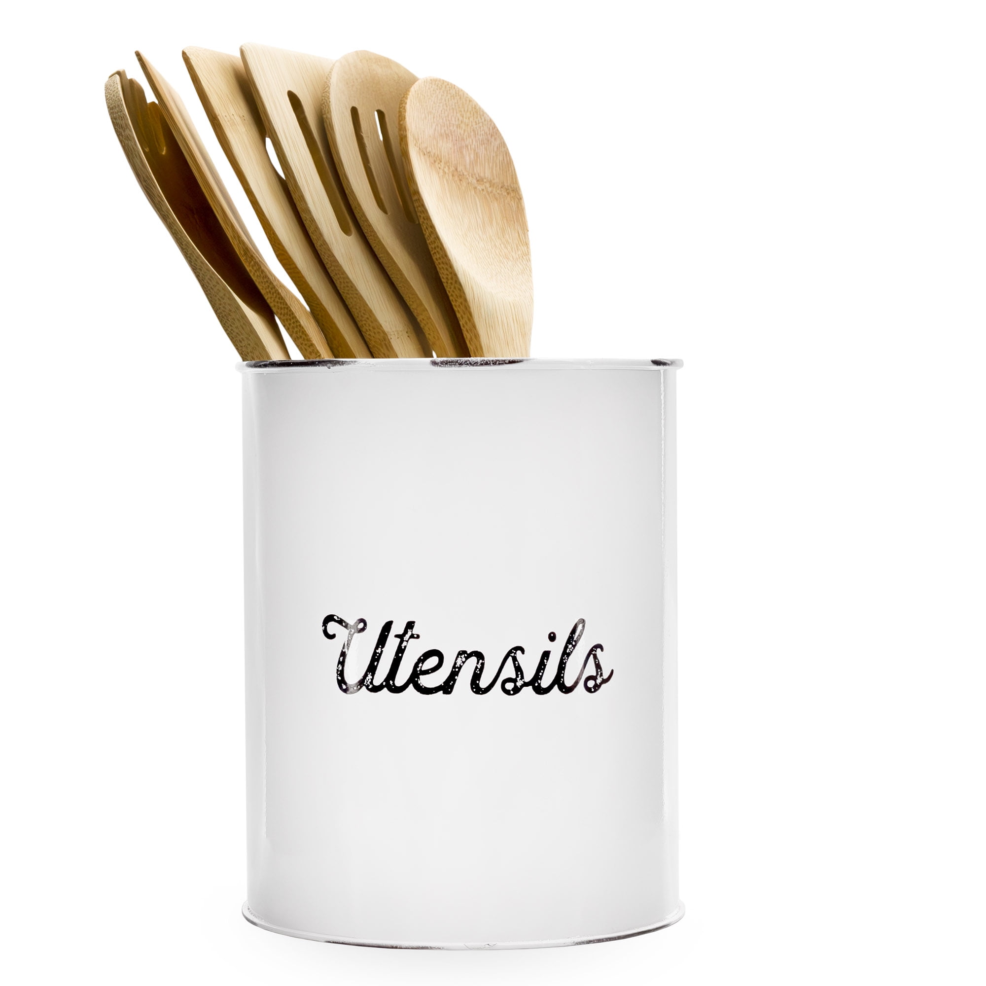 AuldHome Ceramic Round Crock, Rustic Utensil Holder, White Enamel ...