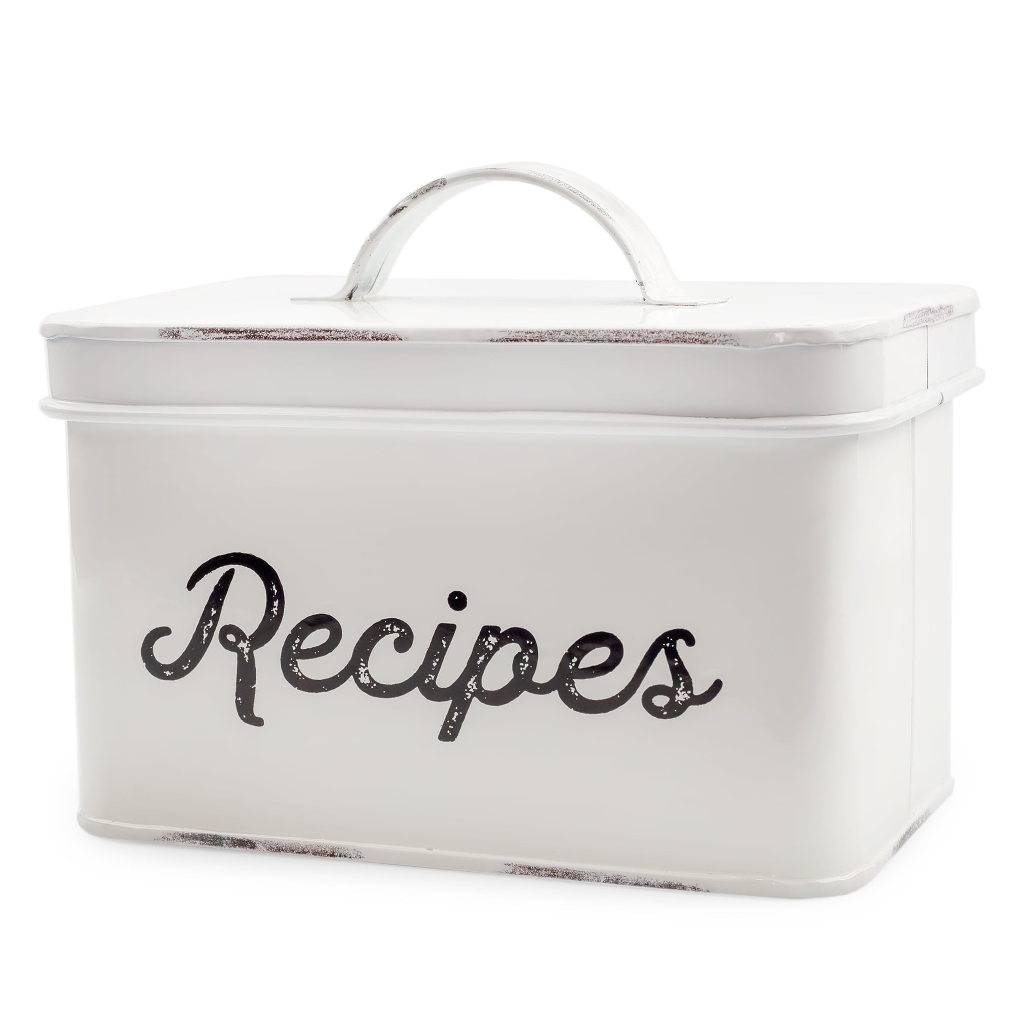 AuldHome Rustic White Recipe Tin Box; Metal Farmhouse Enamel Organizer ...