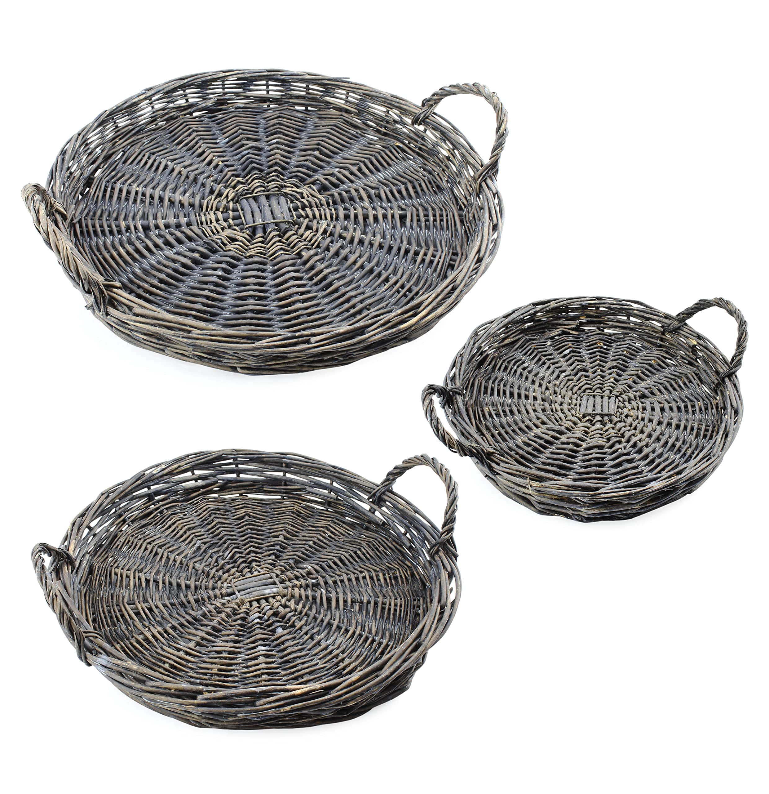 AuldHome Design Rustic Willow Basket Trays, Set of 3 (Round, Gray ...