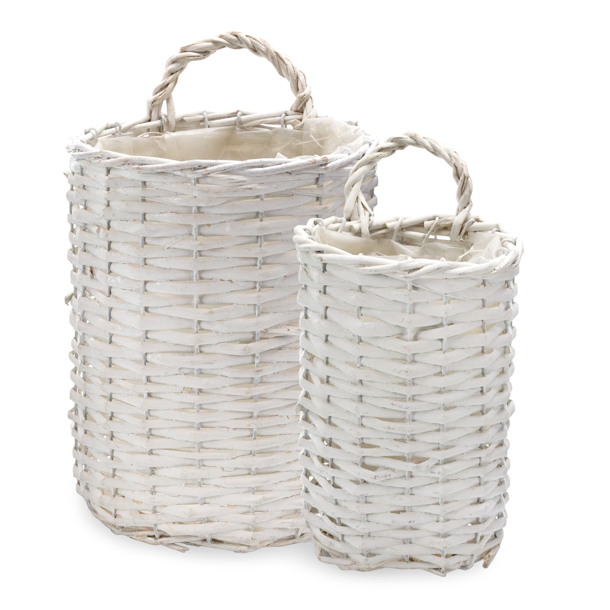 AuldHome Design Wall Hanging Baskets (White, Set of 2); Woven WIcker ...