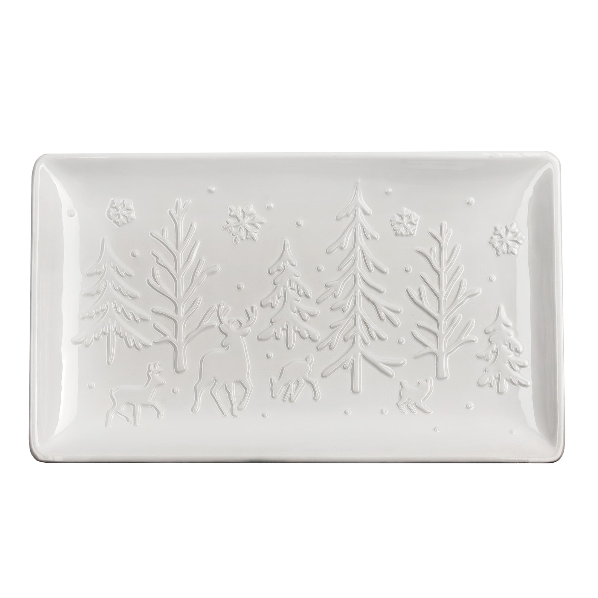 AuldHome Design Reindeer Christmas Tree Platter; Ceramic Embossed White ...