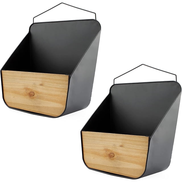 AuldHome Design Wood and Black Metal Wall Pockets (2-Pack, Black); Boho ...