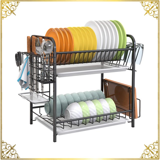 Auledio 2 Tier Dish Rack with Drainboard Plate Rackfor Kitchen Counter ...