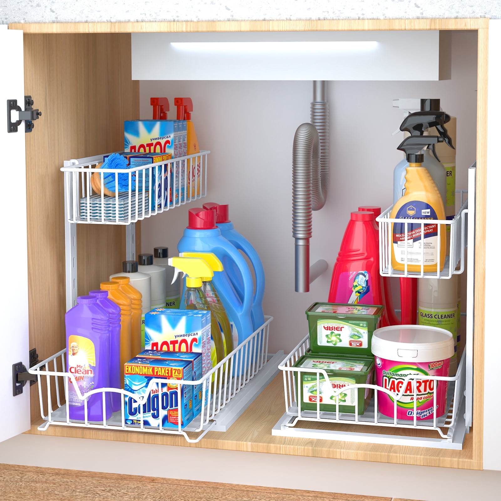 Auledio 2 Pack Under Sink Organizer Storage 2-Tier Sturdy Steel Pull ...