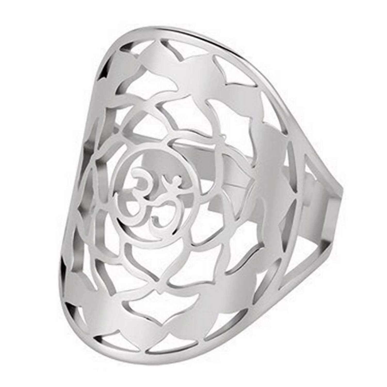 Aum Meditation Ring Stainless Steel Lotus Flower Om Yoga Bohemian Band ...