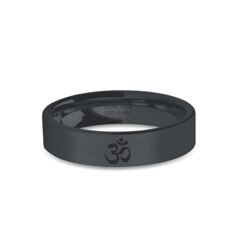 Aum Om Hindu Symbol Engraved Black on Black Brushed Ceramic Ring, 6mm ...