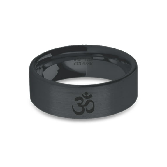 Aum Om Hindu Symbol Engraved Black on Black Brushed Ceramic Ring, 8mm ...