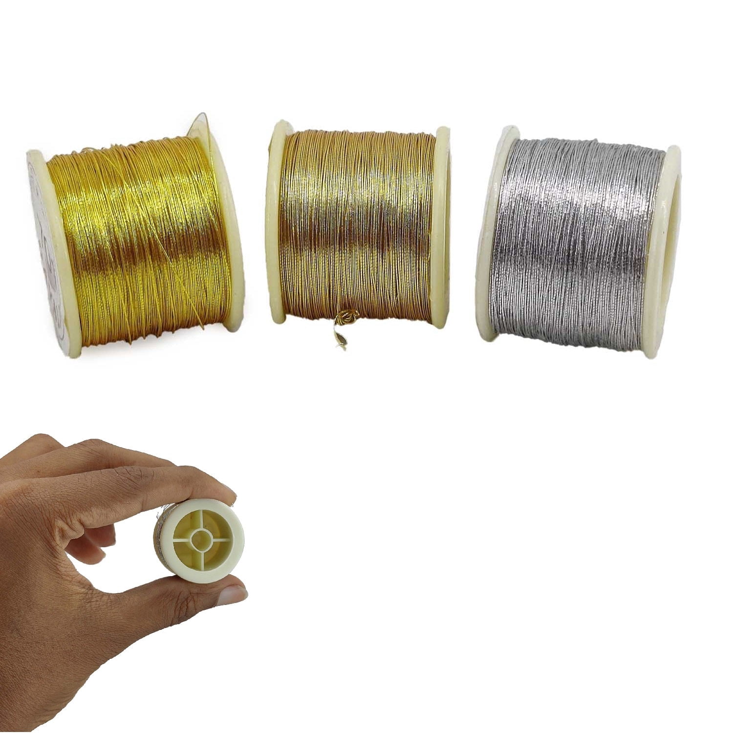 Aumni Crafts Zari Metallic Threads 0.1 MM (3 Rolls) Gold + Antique Gold ...