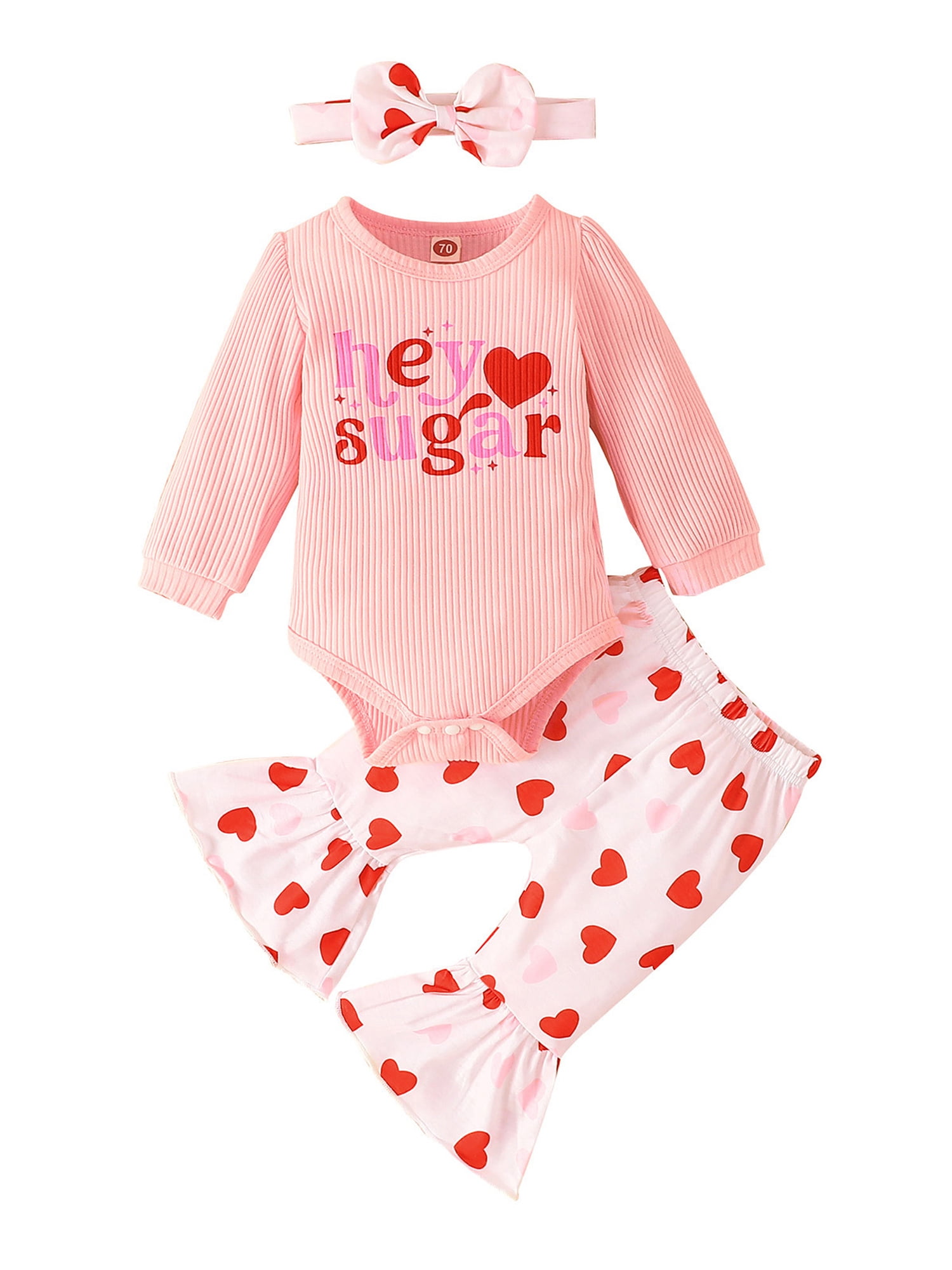 Aunavey 3Pcs My First Valentines Day Baby Girls Outfit Long Sleeve Romper Heart Bell Bottoms ...