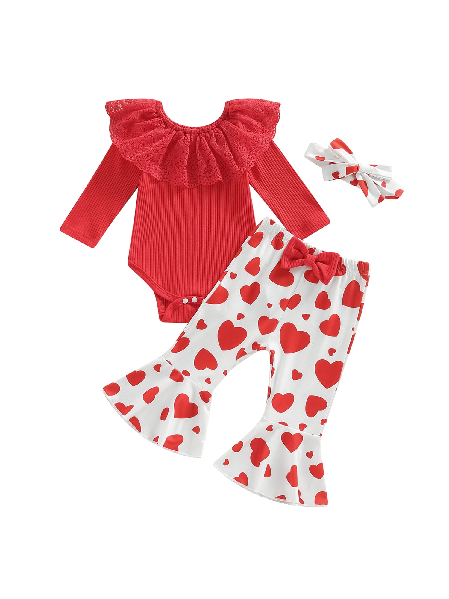 Aunavey 3Pcs My First Valentines Day Baby Girls Outfit Long Sleeve Romper Heart Bell Bottoms ...