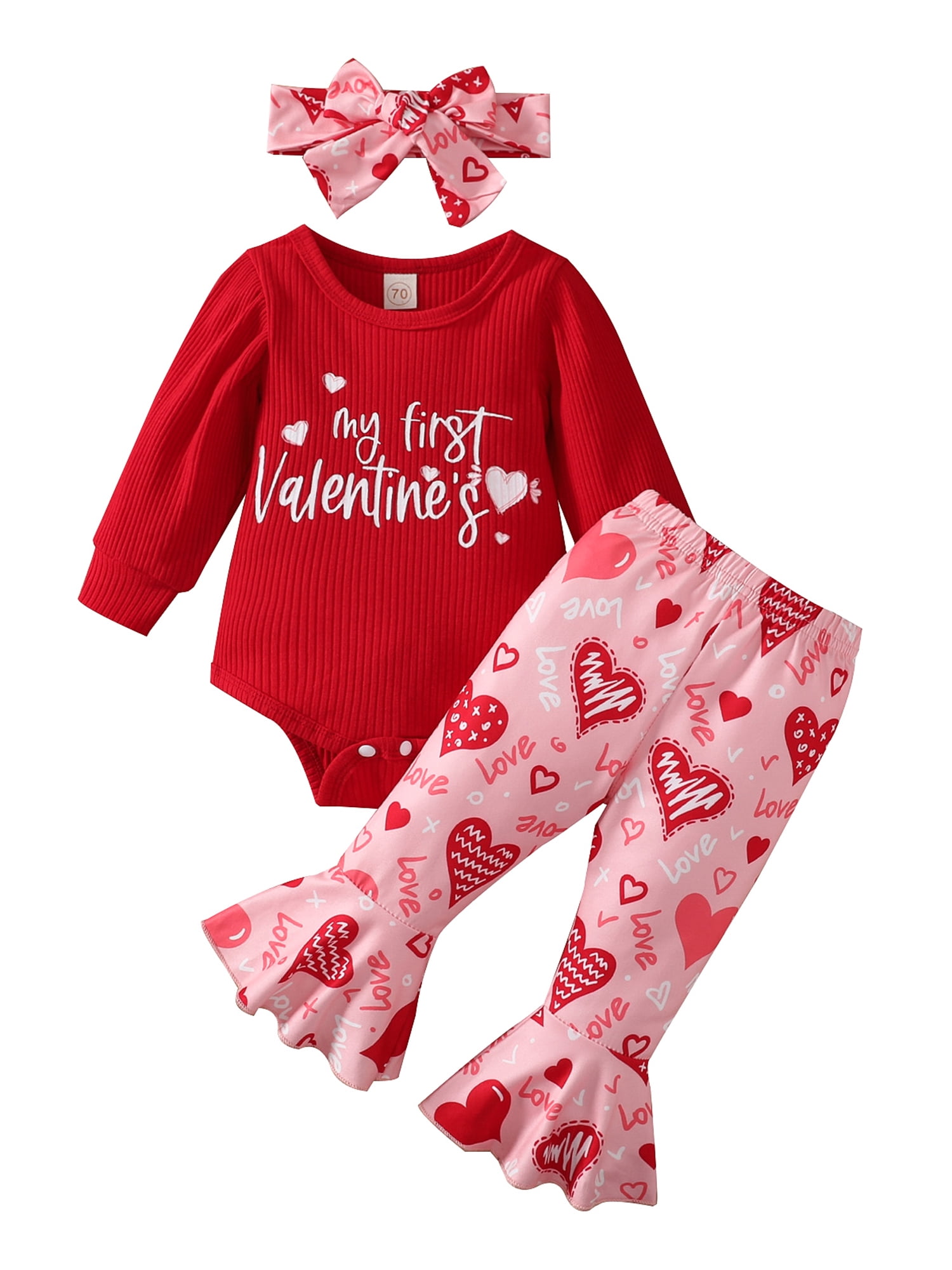 Aunavey 3Pcs My First Valentines Day Baby Girls Outfit Long Sleeve Romper Heart Bell Bottoms ...