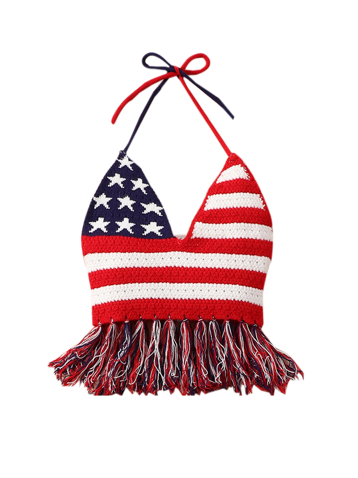 Aunavey American USA Flag Crop Tank Tops for Women Knit Crochet Fringe ...