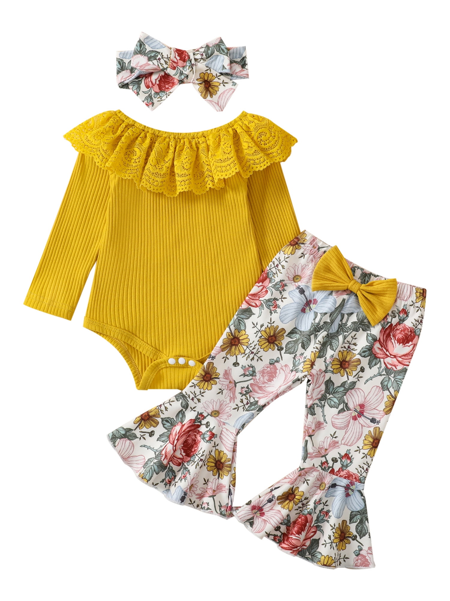 Aunavey Toddler Baby Girl Outfit Long Sleeve Lace Ruffle Ribbed Romper Floral Print Flare Pants ...