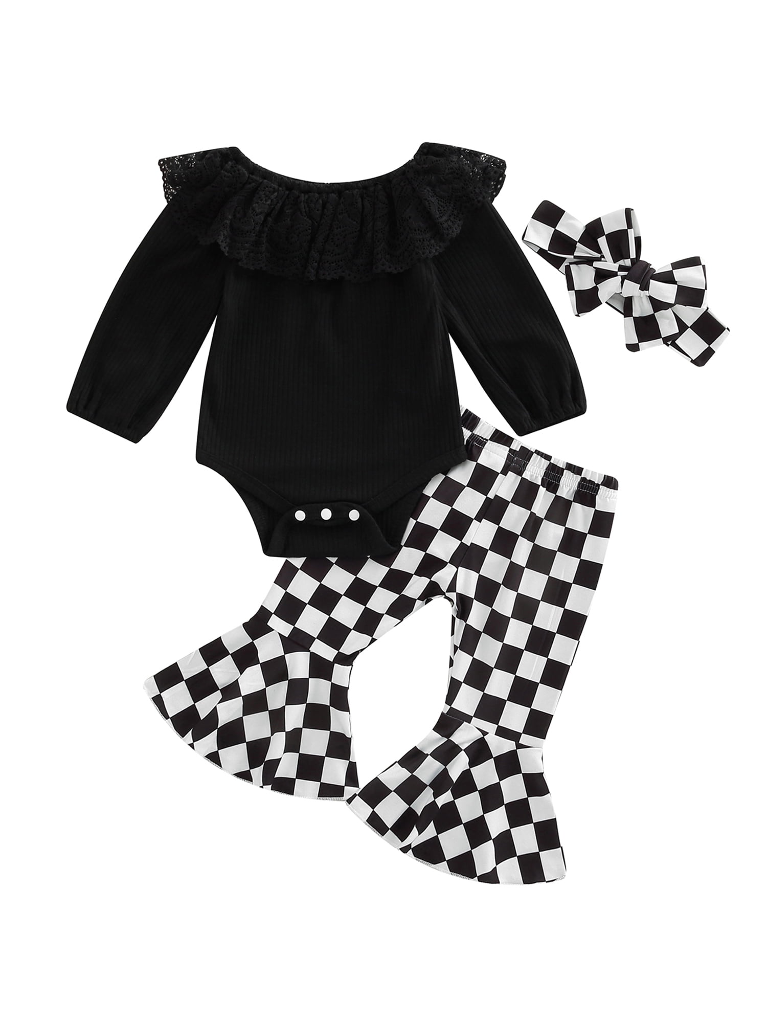 Aunavey Toddler Baby Girl Outfit Long Sleeve Lace Ruffle Ribbed Romper ...