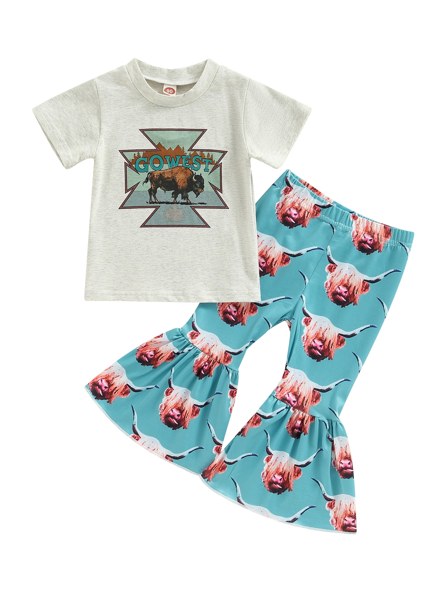 Aunavey Toddler Baby Girls Hippie Flare Pants Outfit Cartoon Cow Top ...