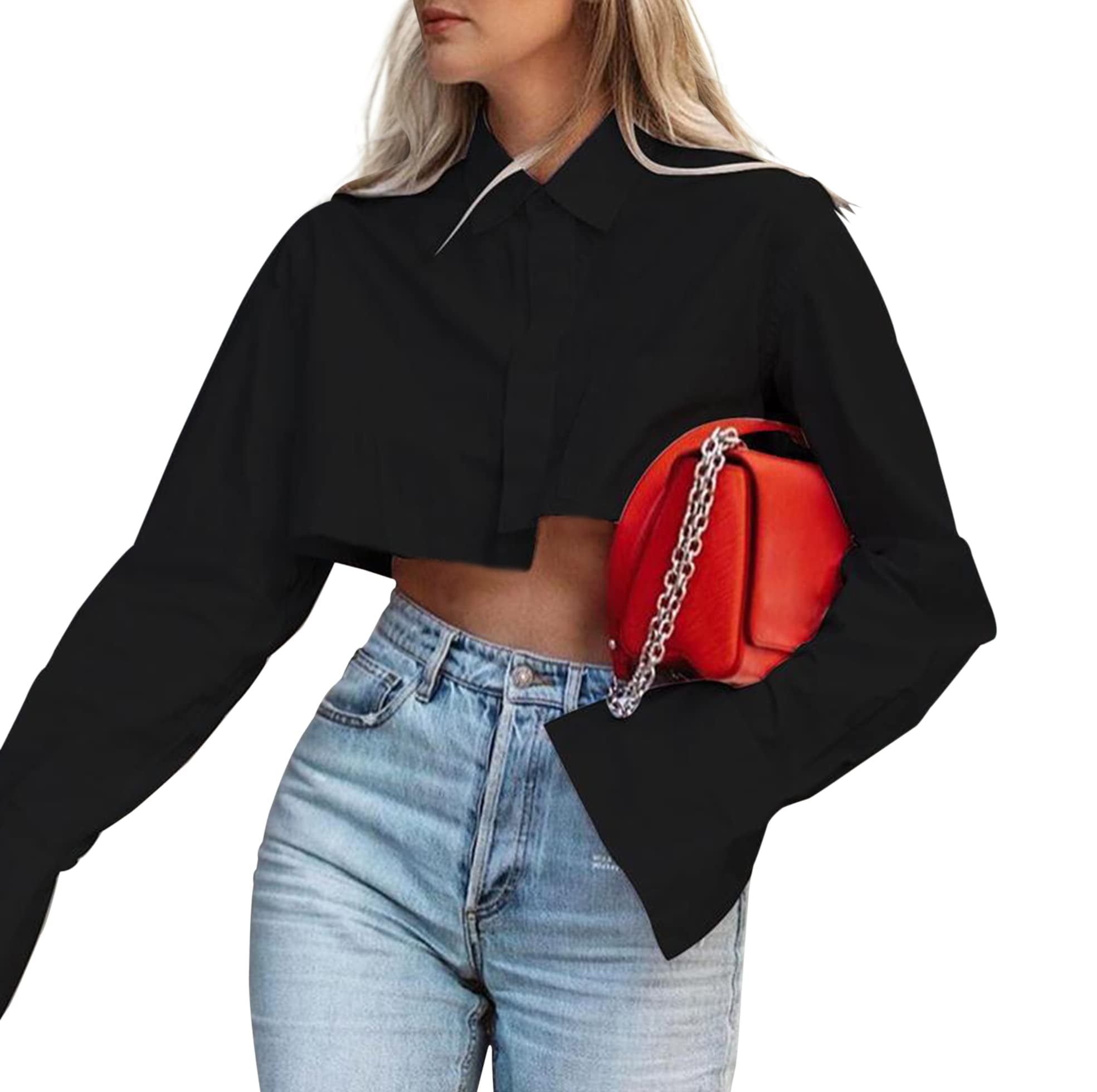 Aunavey Women Button Turn Down Collar Cropped Shirt Long Sleeve Loose ...
