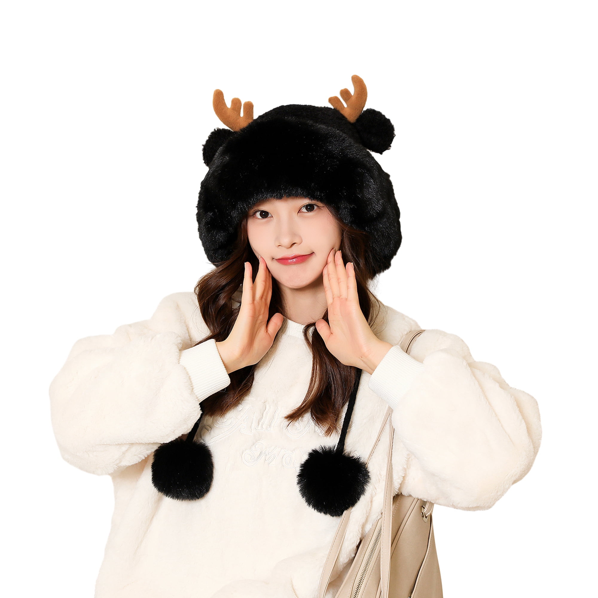 Aunavey Women Faux Fur Bucket Hat Deer Antler Ear Bobbles Bucket Caps ...
