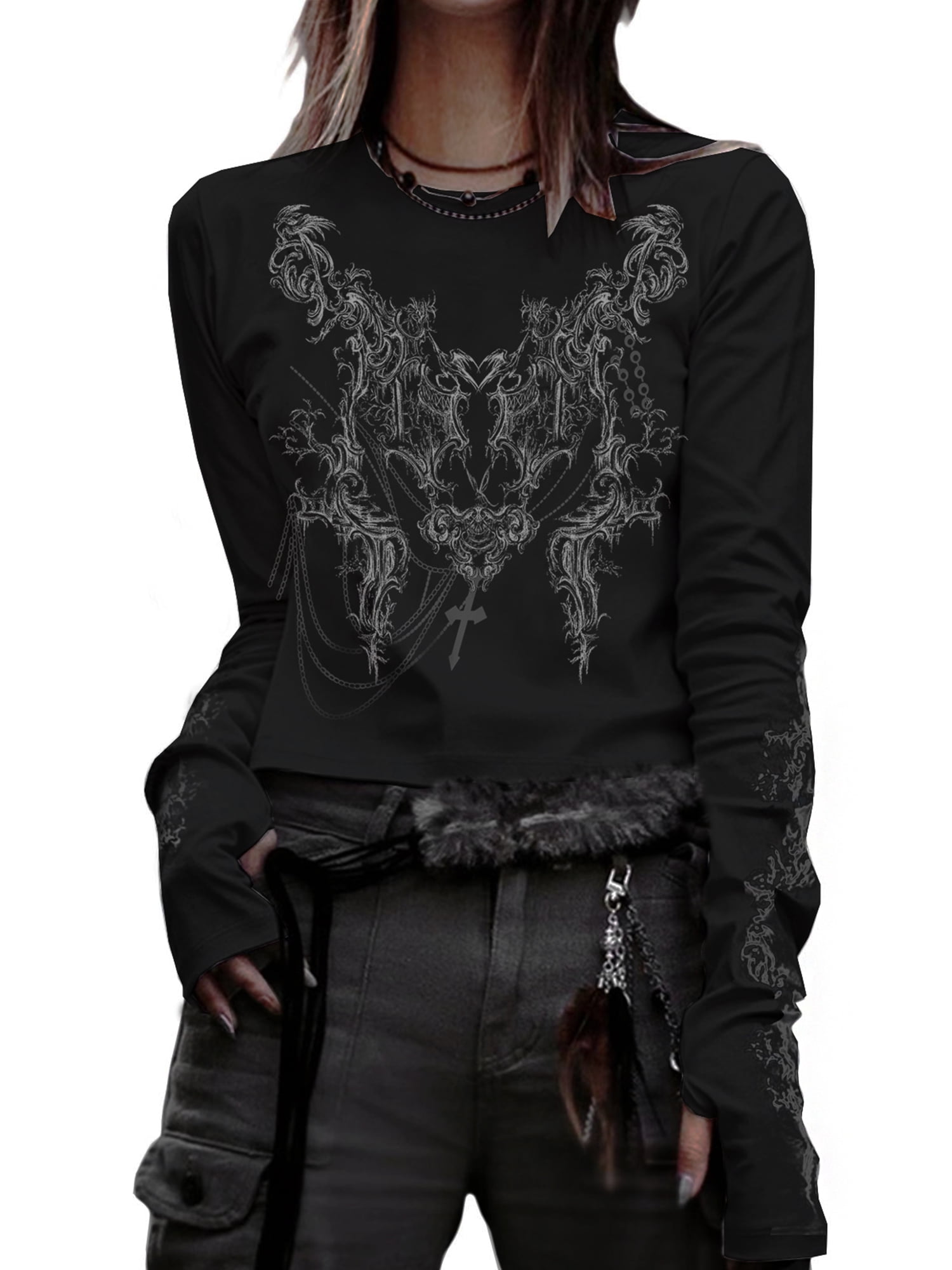 Aunavey Women Y2k Vintage Long Sleeve Crop Top Gothic Grunge Blouse ...