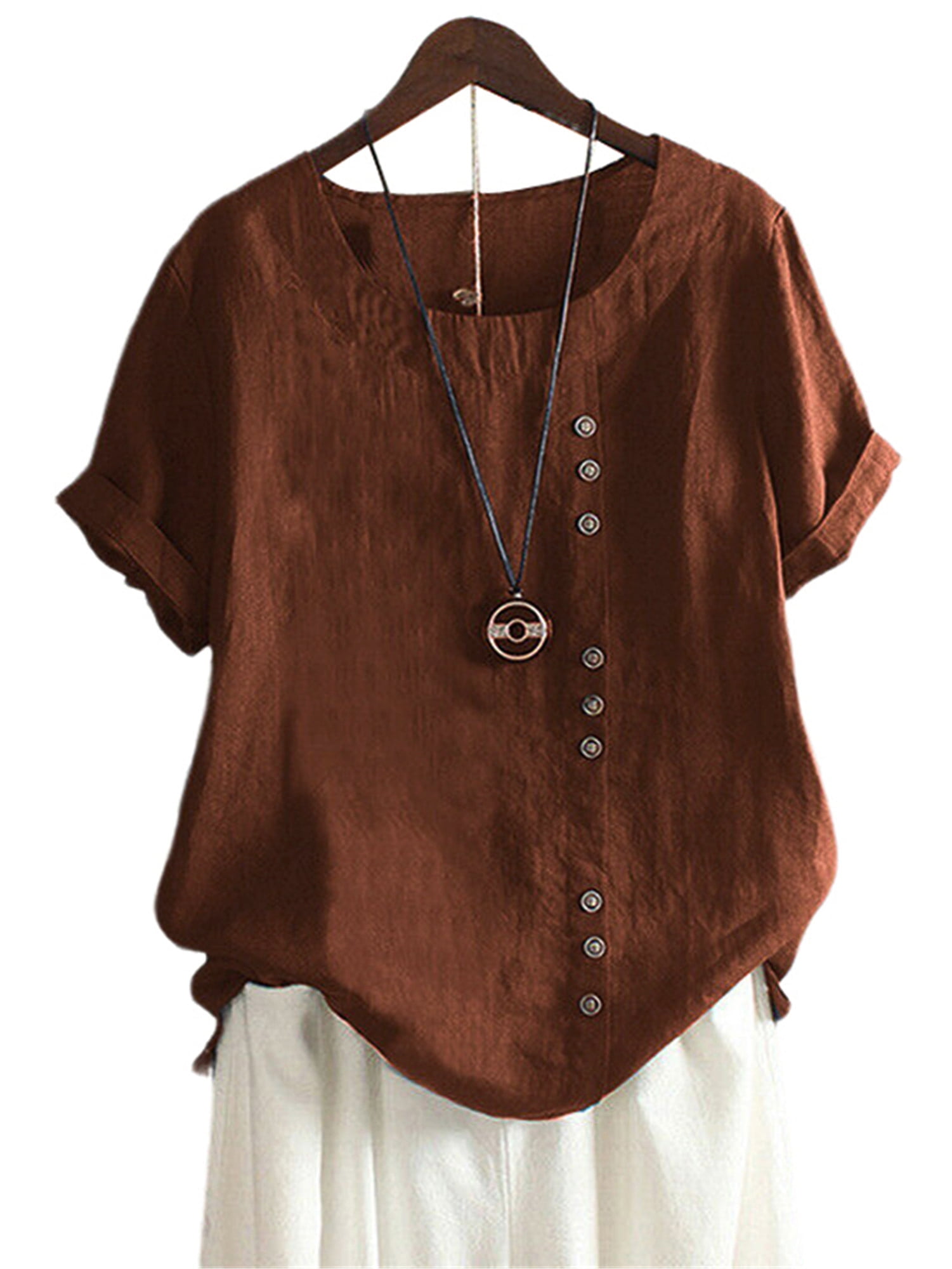 Aunavey Women's Cotton Linen T-Shirts, Short Sleeve, Casual Loose Tunic ...