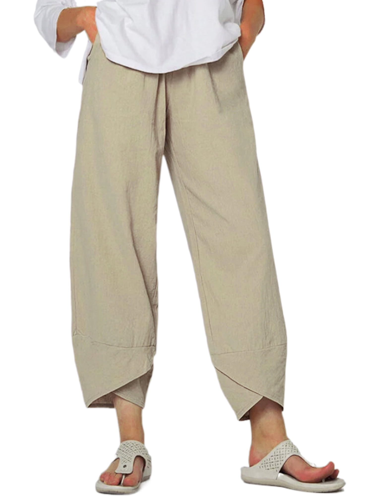 Aunavey Women's Linen Capri Pants Loose Cropped Wide Leg Pants Floral ...