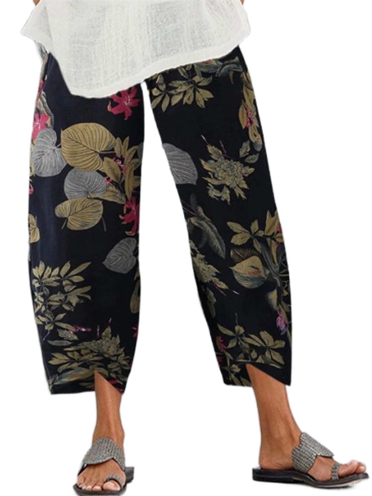 Aunavey Womens Linen Capri Pants Loose Cropped Wide Leg Pants Floral