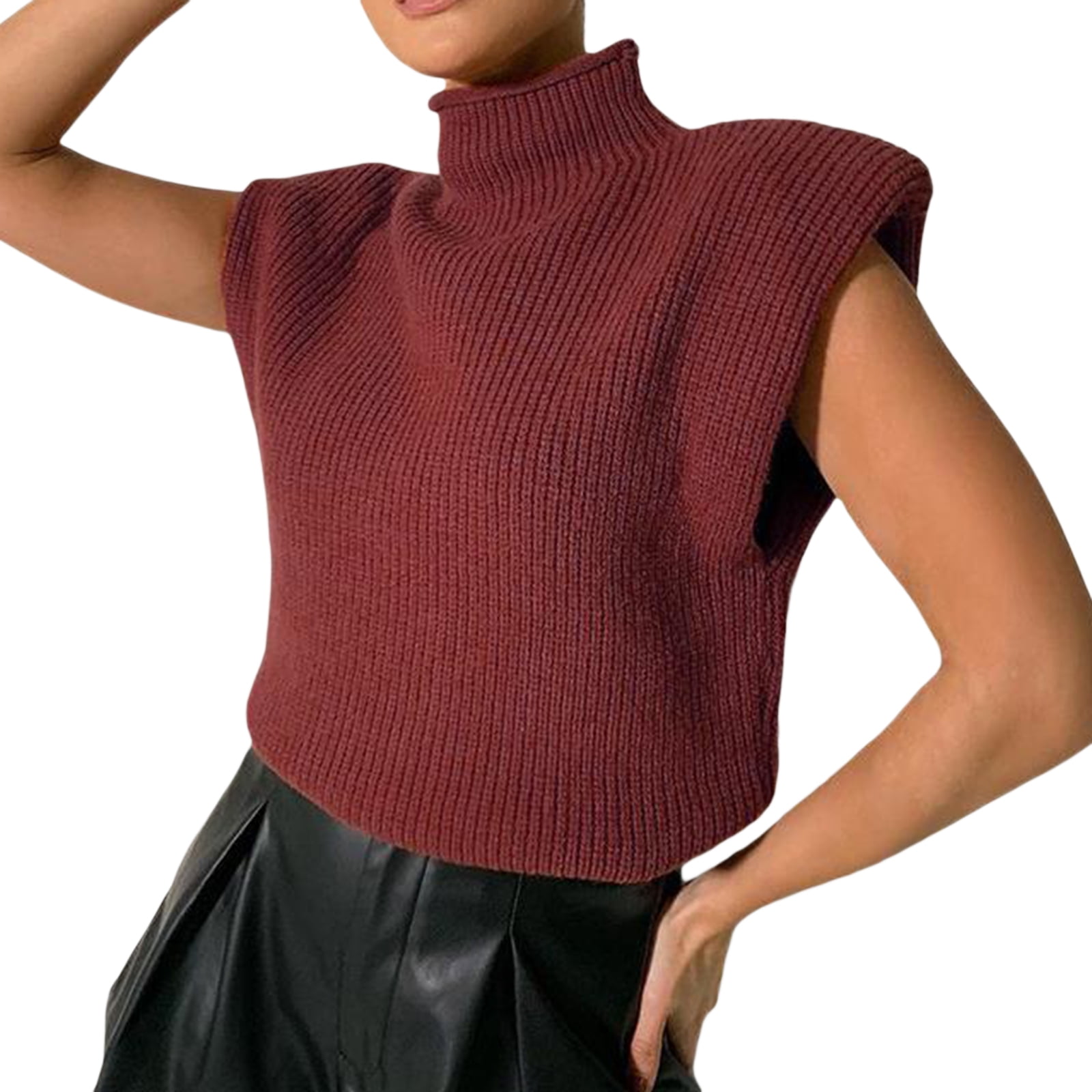 Aunavey Women's Mock Neck Short Cap Sleeve Sweater Vest Casual Solid ...