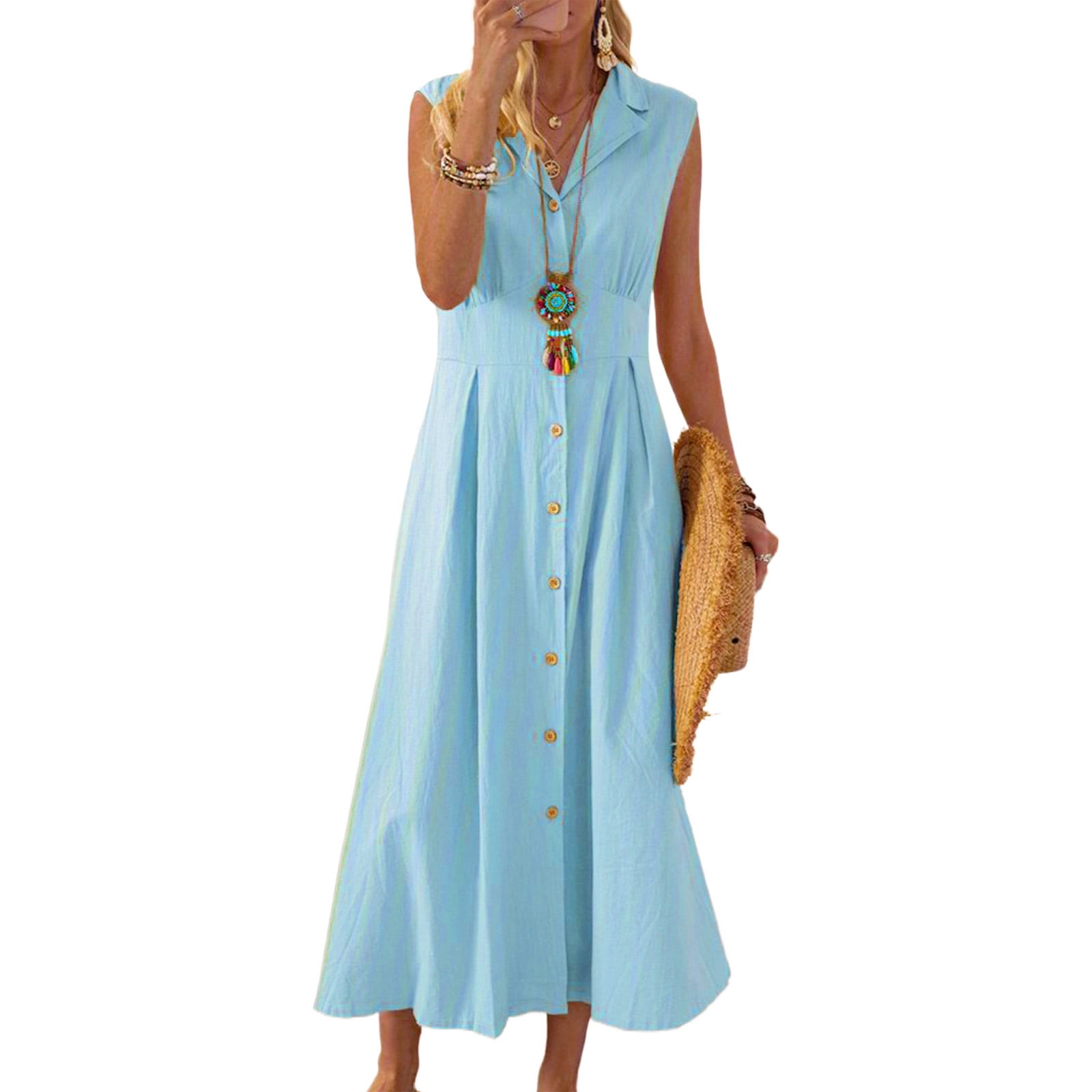 Aunavey Womens Sleeveless Cotton Linen Dress Button Down Casual A Line ...