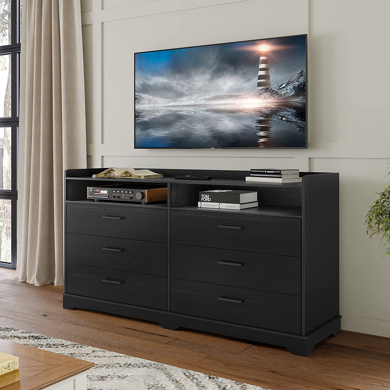 Aunfebrco Modern Double Dresser with 6 Drawers and Steel X Frame, Black ...