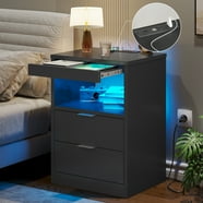 Modern Black Nightstand with 2 Drawers, LED Lights & USB Outlets ...