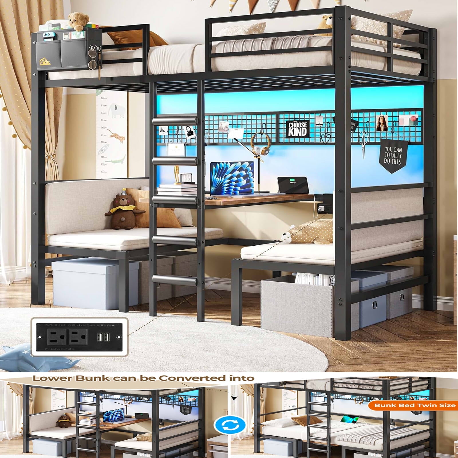 Aunfebrco Bunk Bed Twin Over Twin with Desk & Led Lights & Charging ...