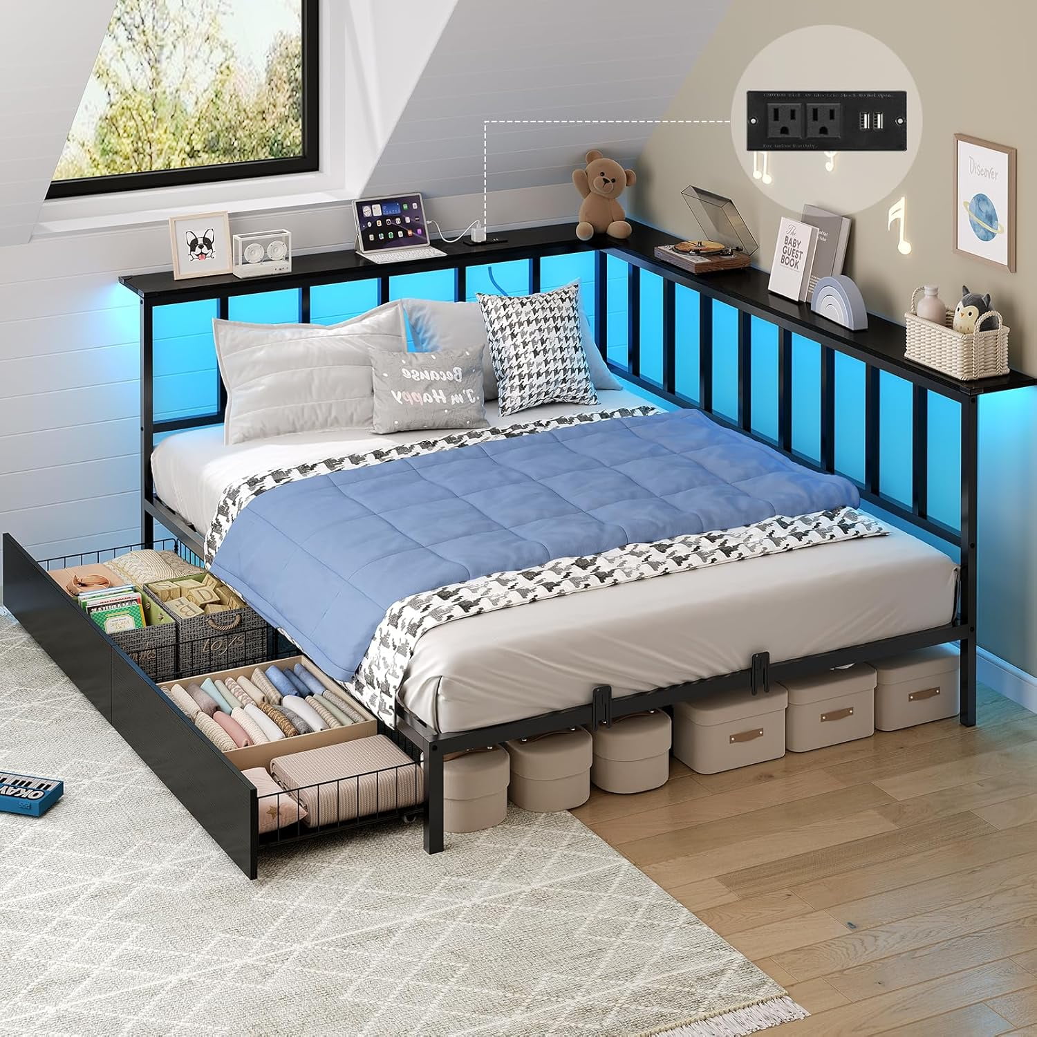 Aunfebrco Corner Bed Frame Full Size with 2 Drawers&Charging Station ...