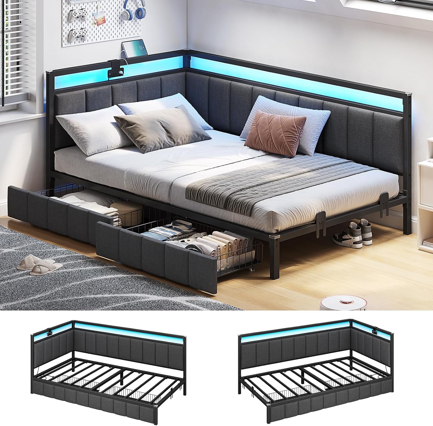 Aunfebrco Corner Bed Frame with Storage Drawers, Twin Daybed with LED ...