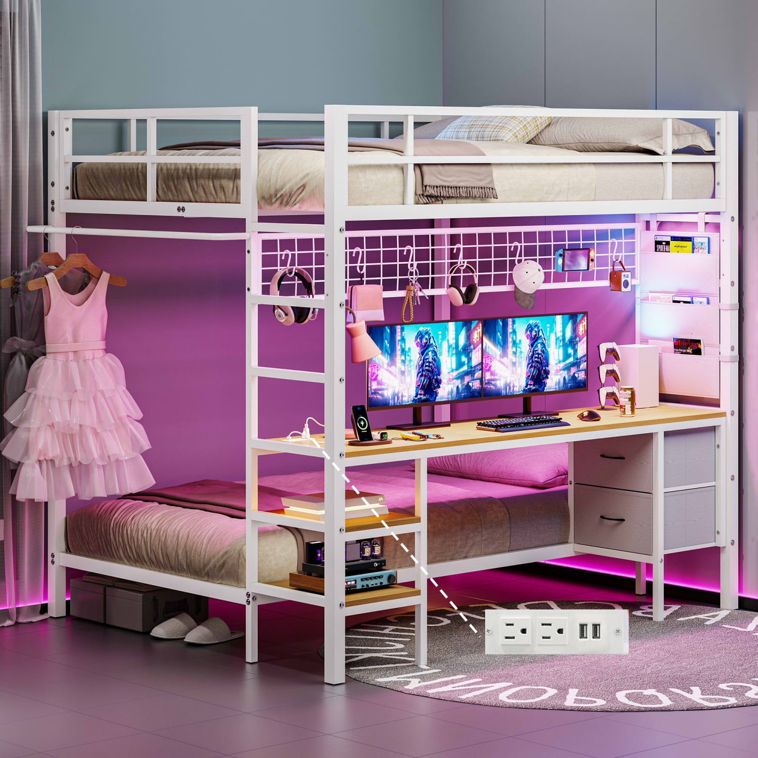 Aunfebrco Full Over Twin Metal Bunk Bed with Desk & Charging Station ...