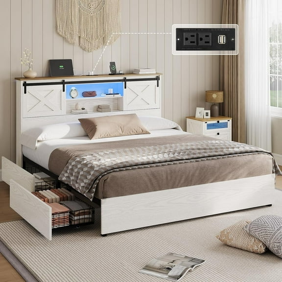 AOGLLATI Wooden Bed Frame King Size with Bookcase Headboard and Sliding ...