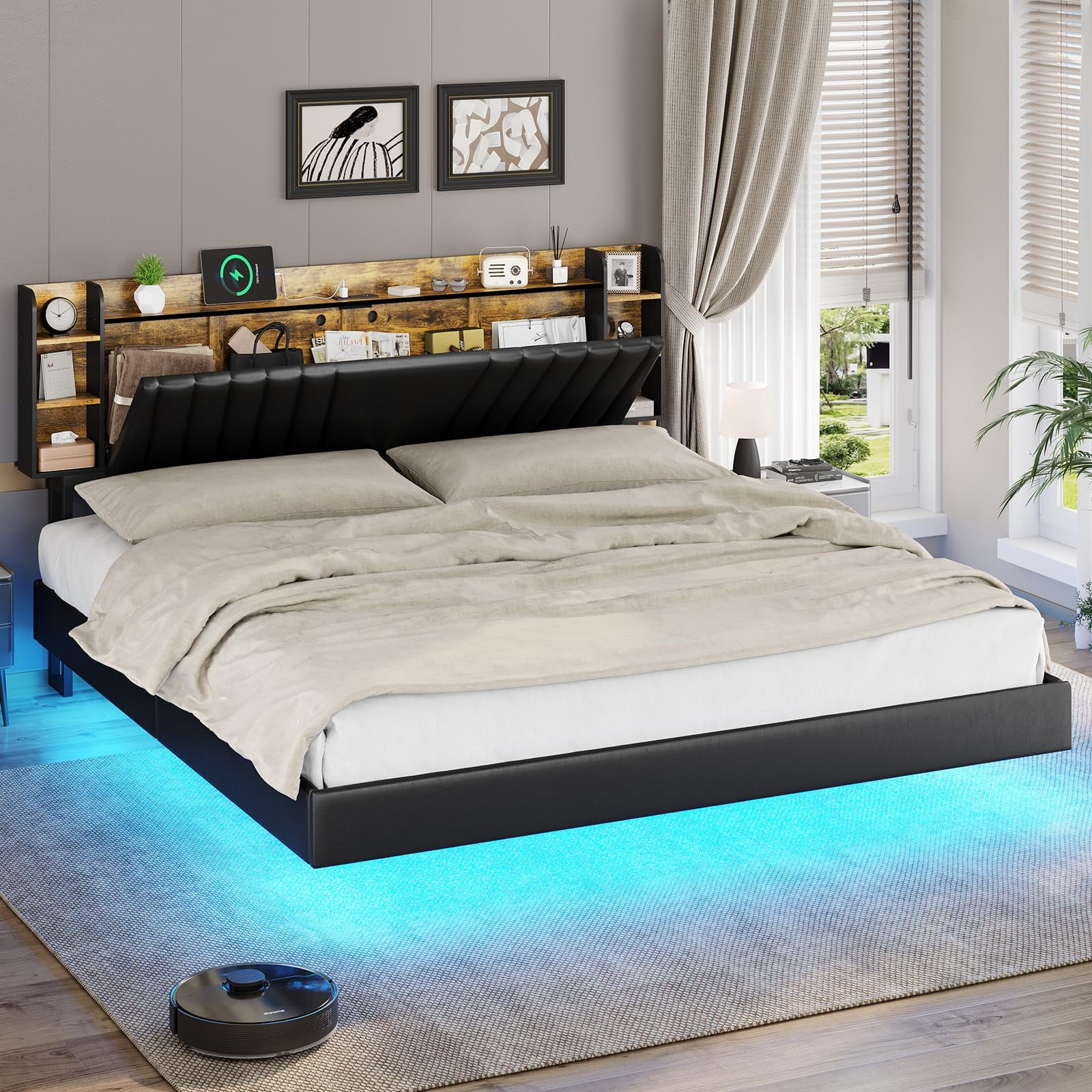 Aunfebrco King Size Floating Bed Frame with LED Lights&Charging Station ...