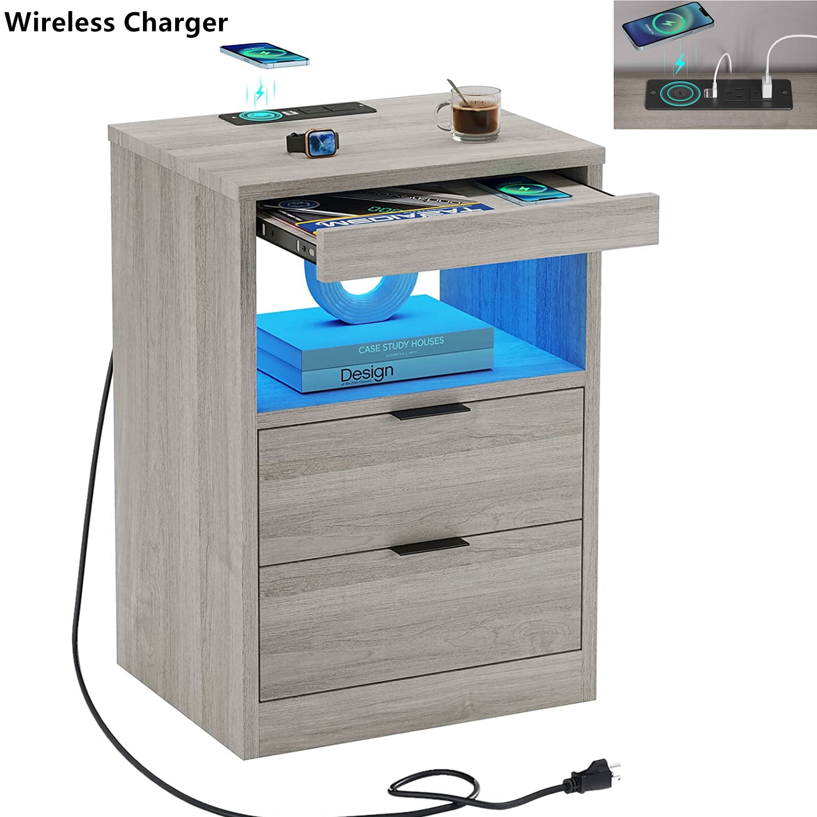 Aunfebrco LED Nightstand with Wireless Charging, USB Ports, Power ...