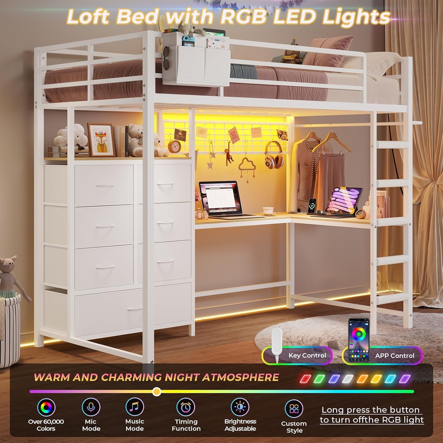 Aunfebrco Loft Bed with Desk and 7 Storage Drawers Twin Size Metal Loft ...