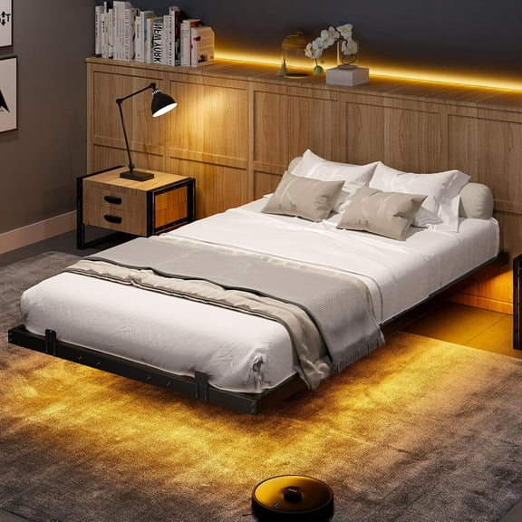 Floating Bed Frame Full Size with Smart LED Lights and Charging Station ...