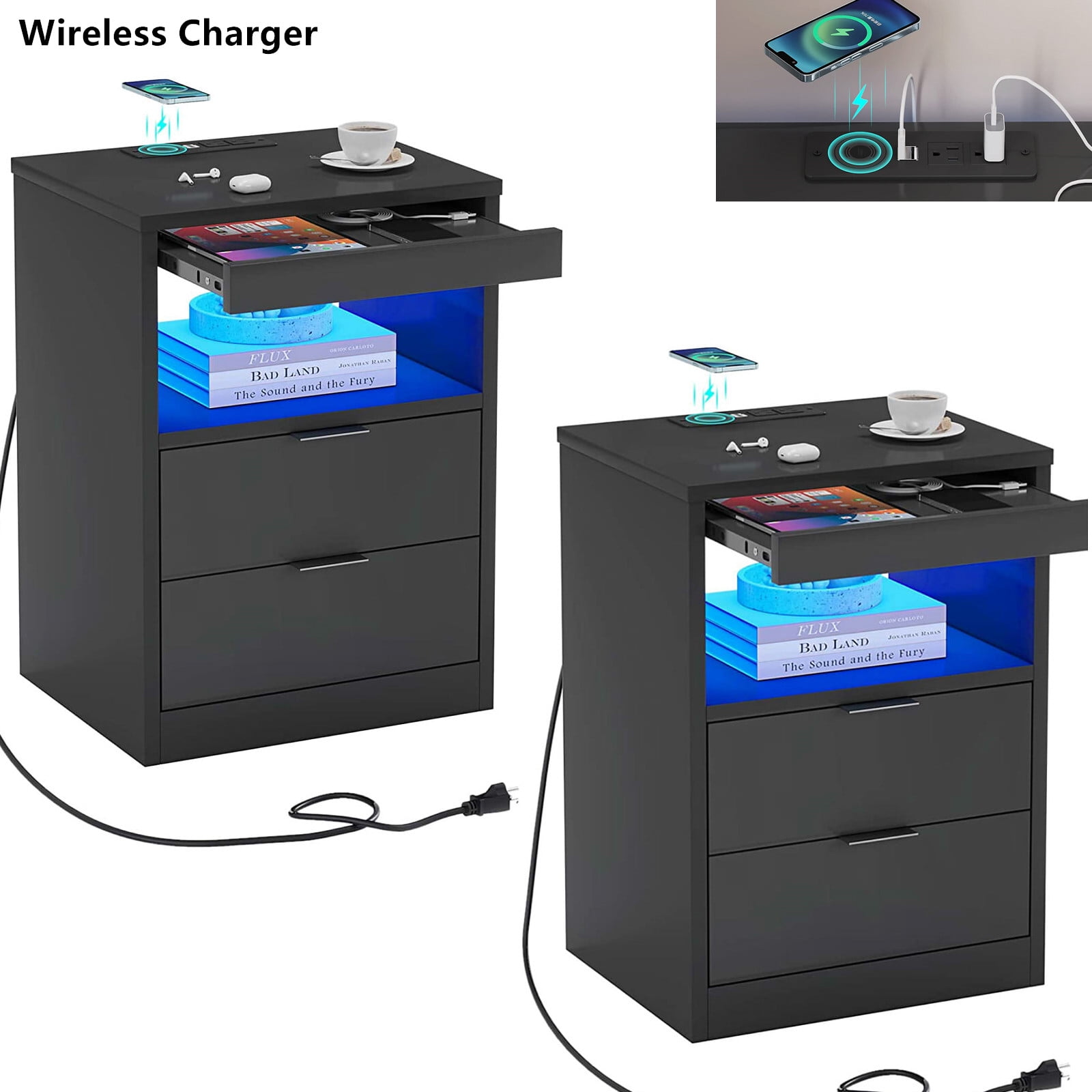 Aunfebrco Black LED Nightstand with Wireless Charger, USB Ports & 2 ...